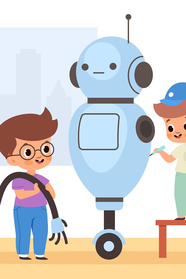 Kids robotics project. Young inventors assemble big electron