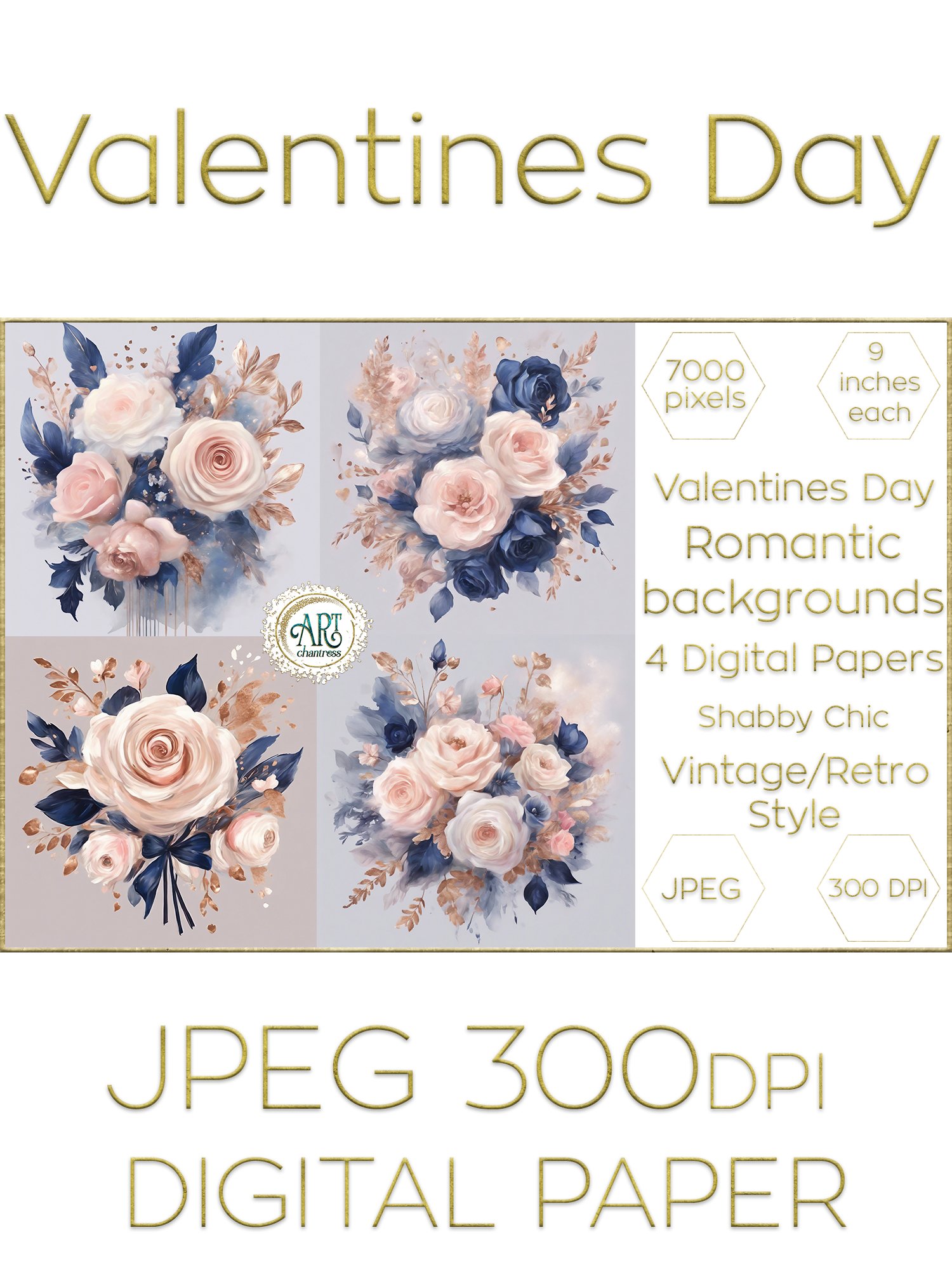 Valentine Navy Gold Pink Digital Papers Shabby (3139721)