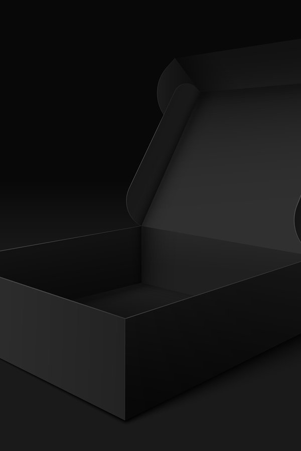 Black packaging box. Empty open dark package template, cube