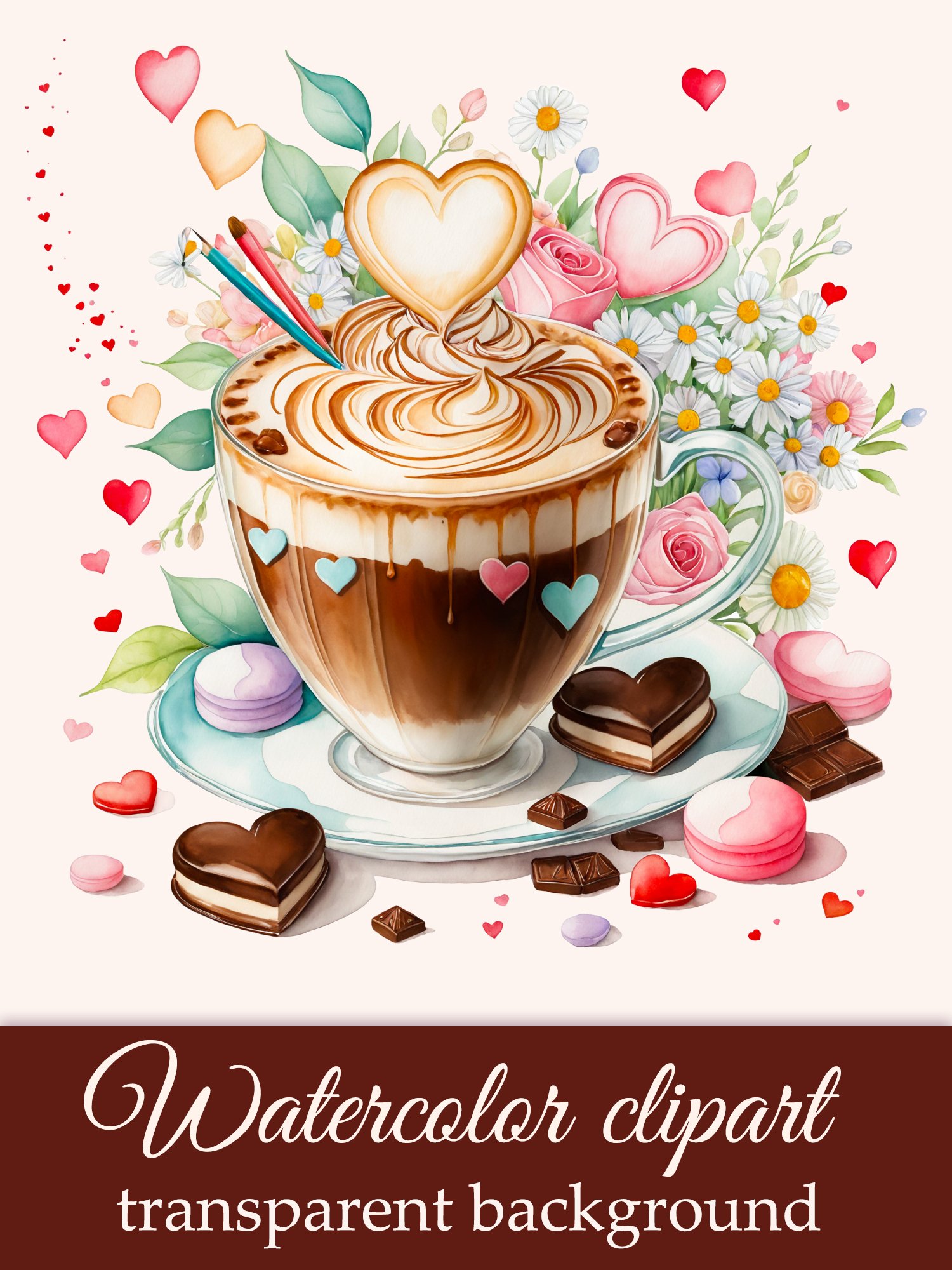 Watercolor coffee cup with hearts and chocolate, clipart Png