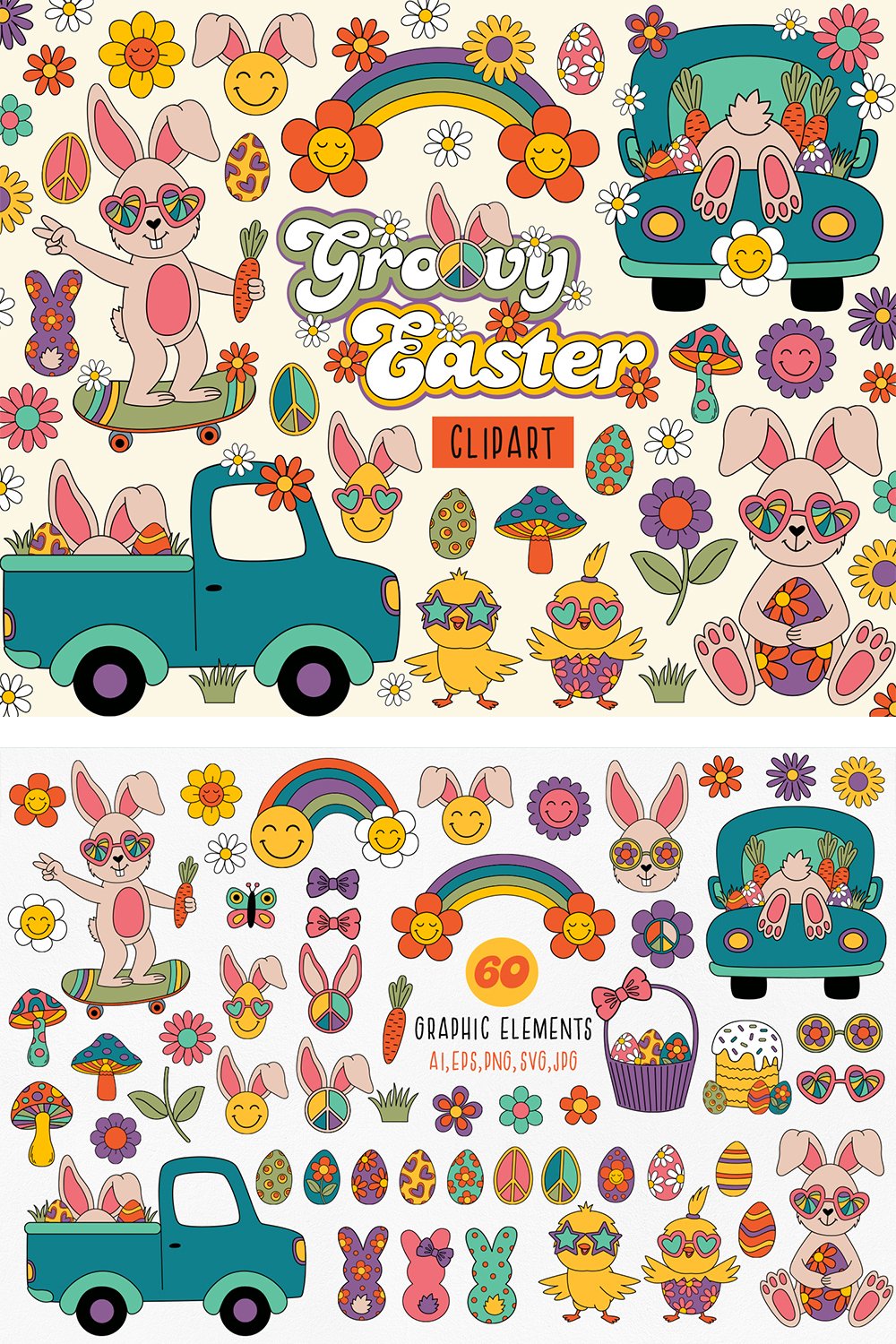Easter Groovy, Groovy Bunny Clipart, Spring Flower, Eggs
