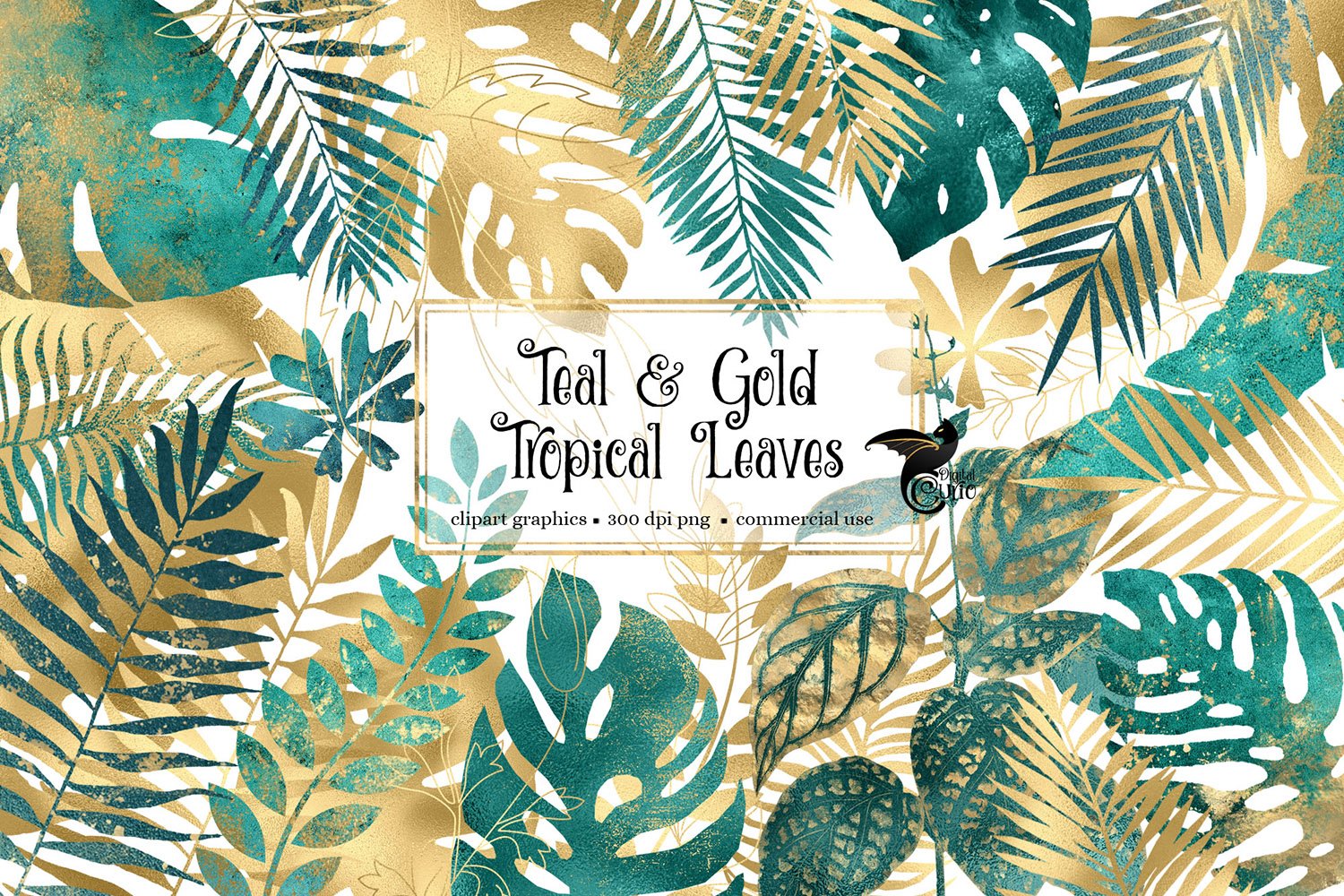 Teal and Gold Tropical Leaves Clipart