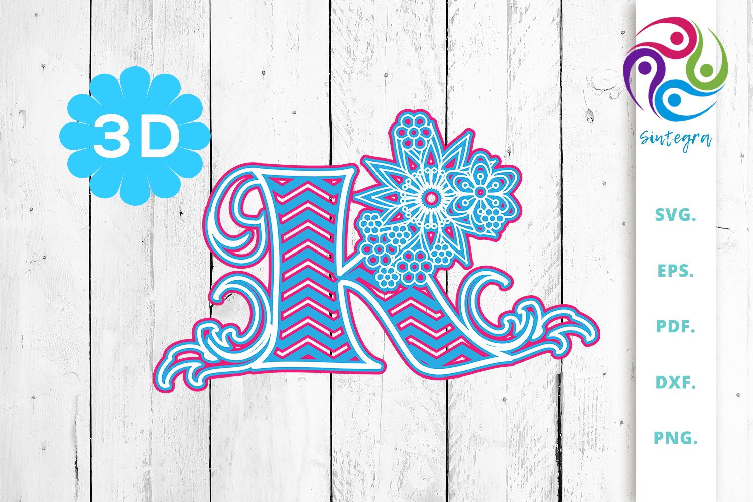 3D Multilayer Floral Chevron Letter K , SVG Cut File