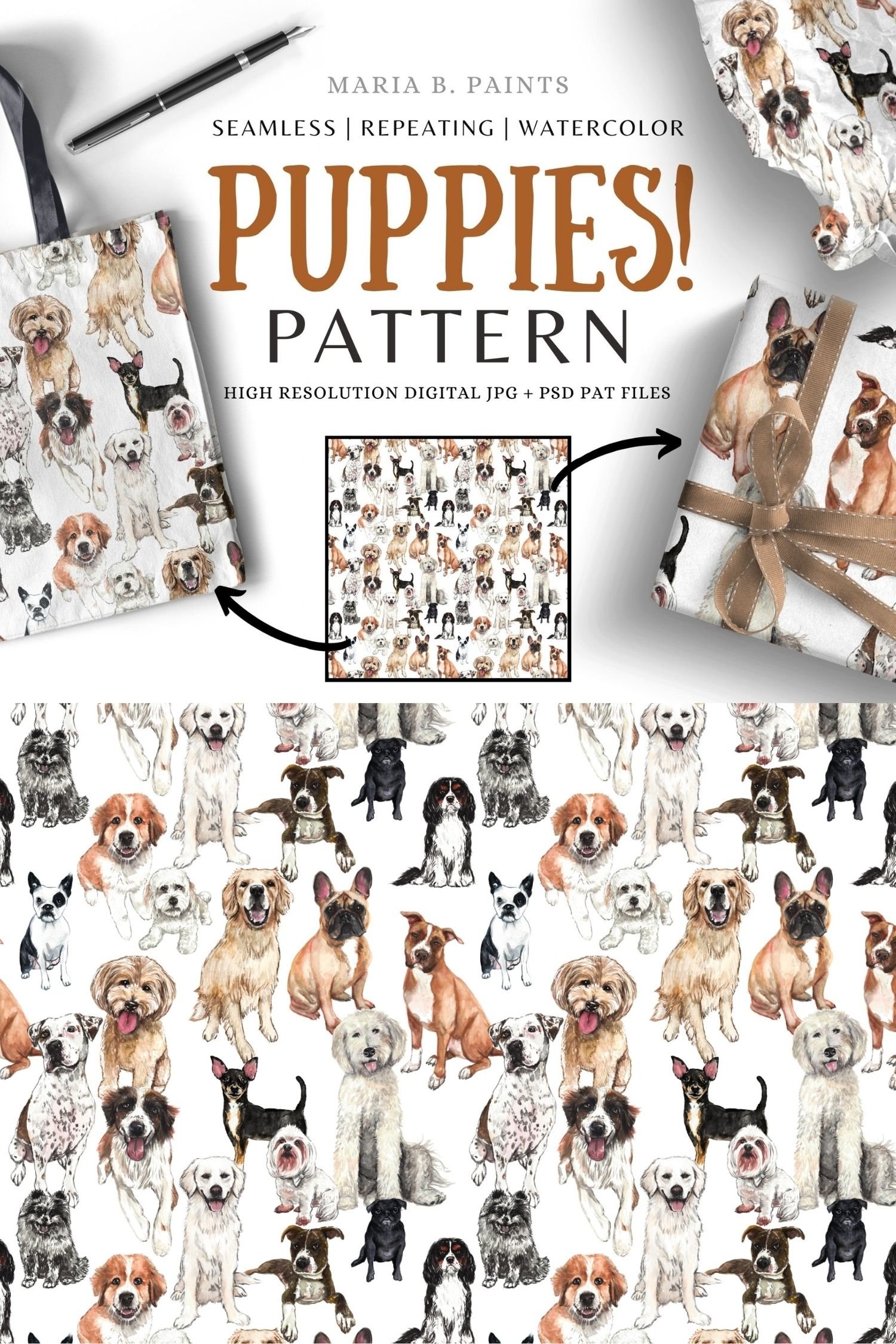 Adorable Puppy Pattern Seamless Repeating Pattern JPG PAT