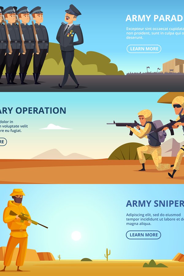 Banners set with illustrations of military characters and di