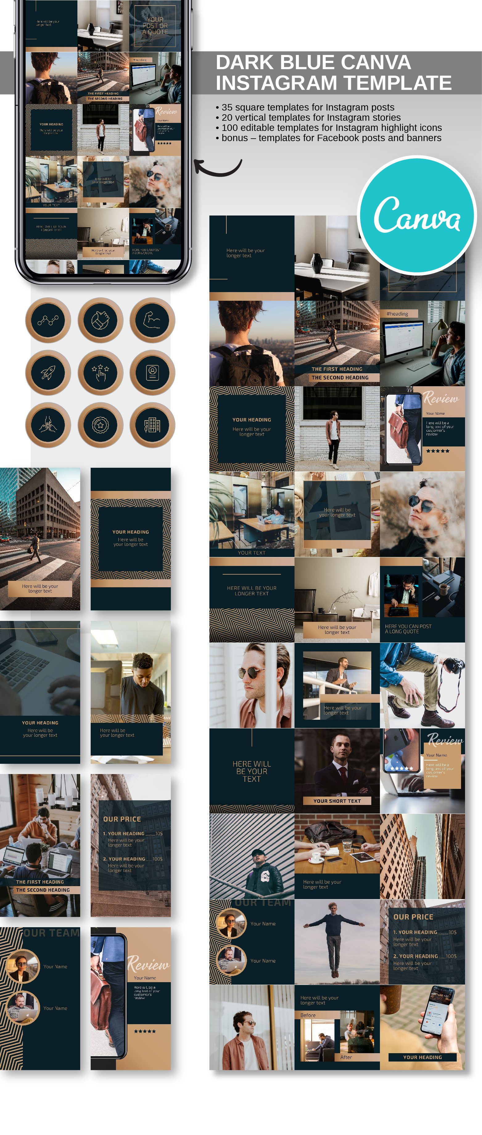 Dark Blue CANVA Template for Instagram icons, stories