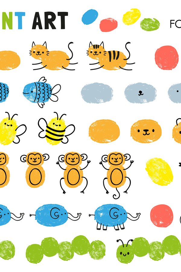 Fingerprint art steps. Worksheet for kid learning to draw an