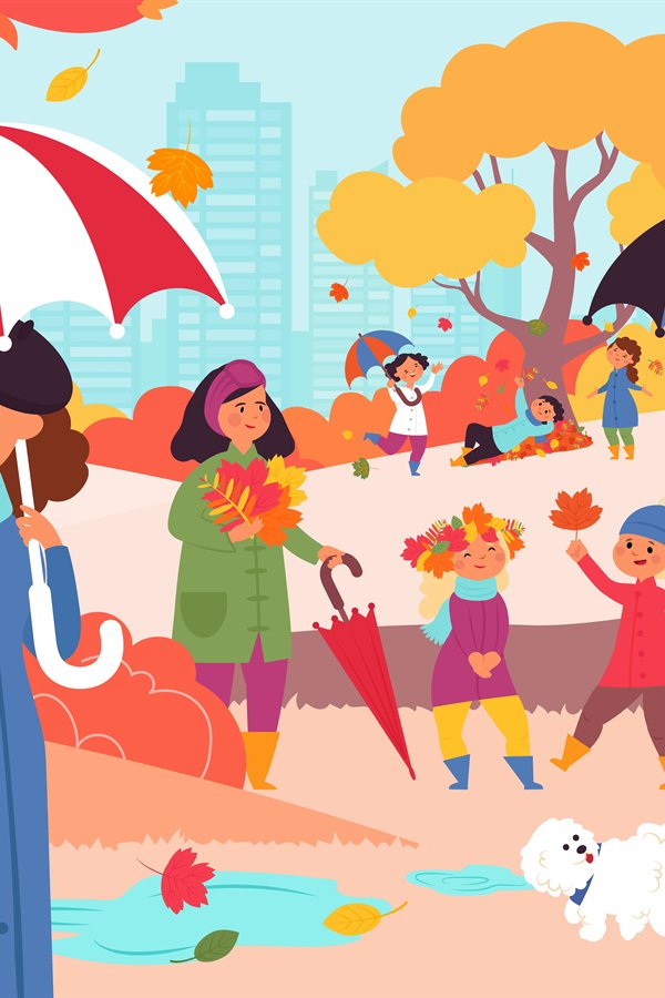 Walking in autumn park. Modern couple, fall forest people an