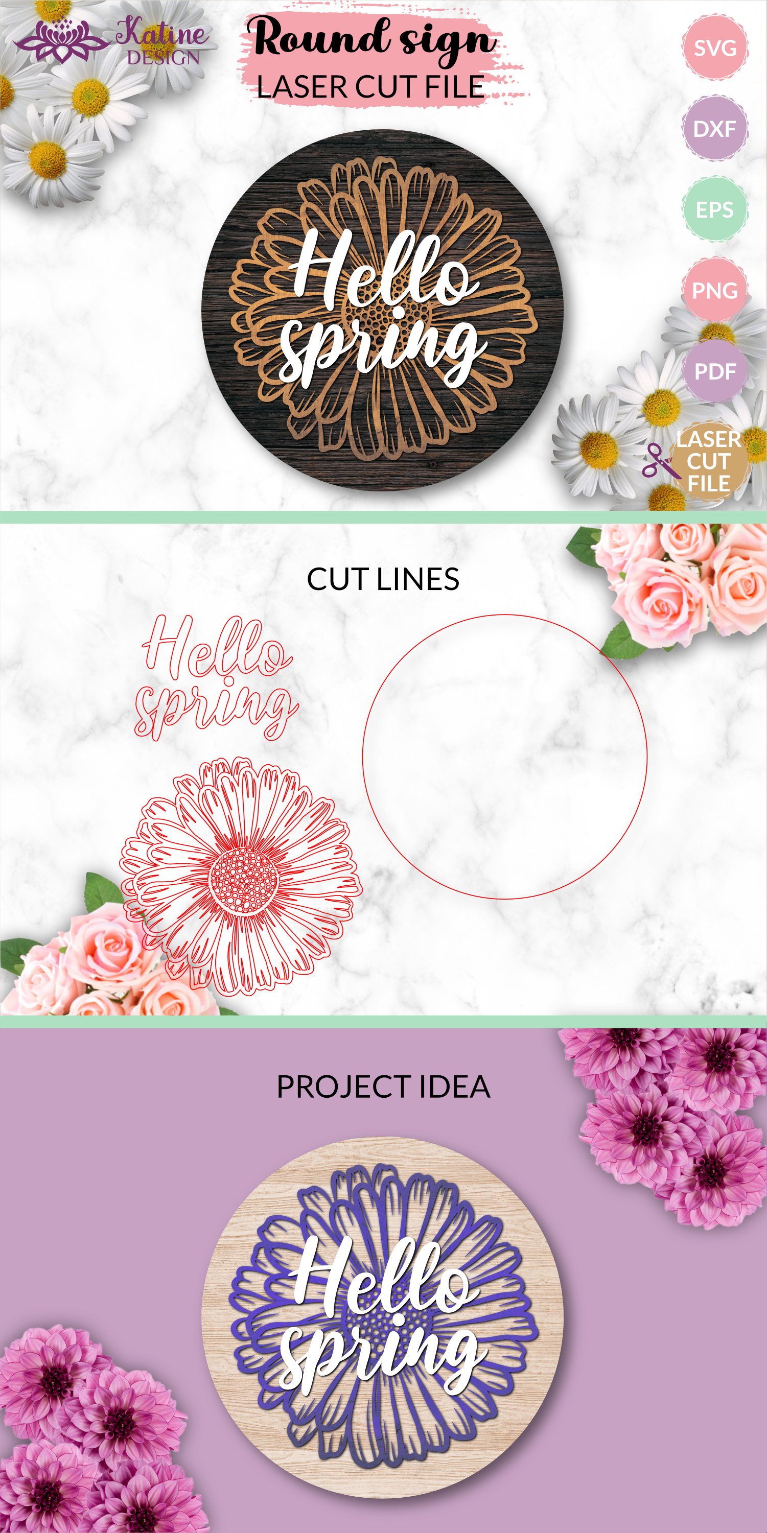 Hello Spring SVG Round Sign Floral Laser Cut File Glowforge
