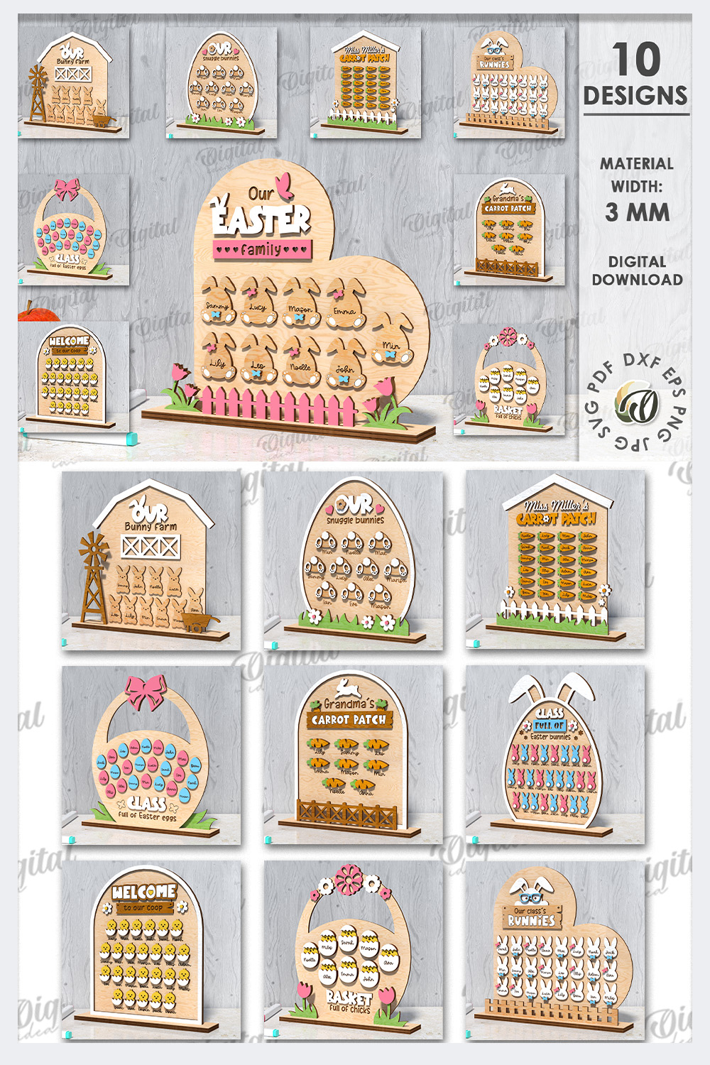 3D Easter Name Chart Laser Cut Bundle. Kindergarten. Family