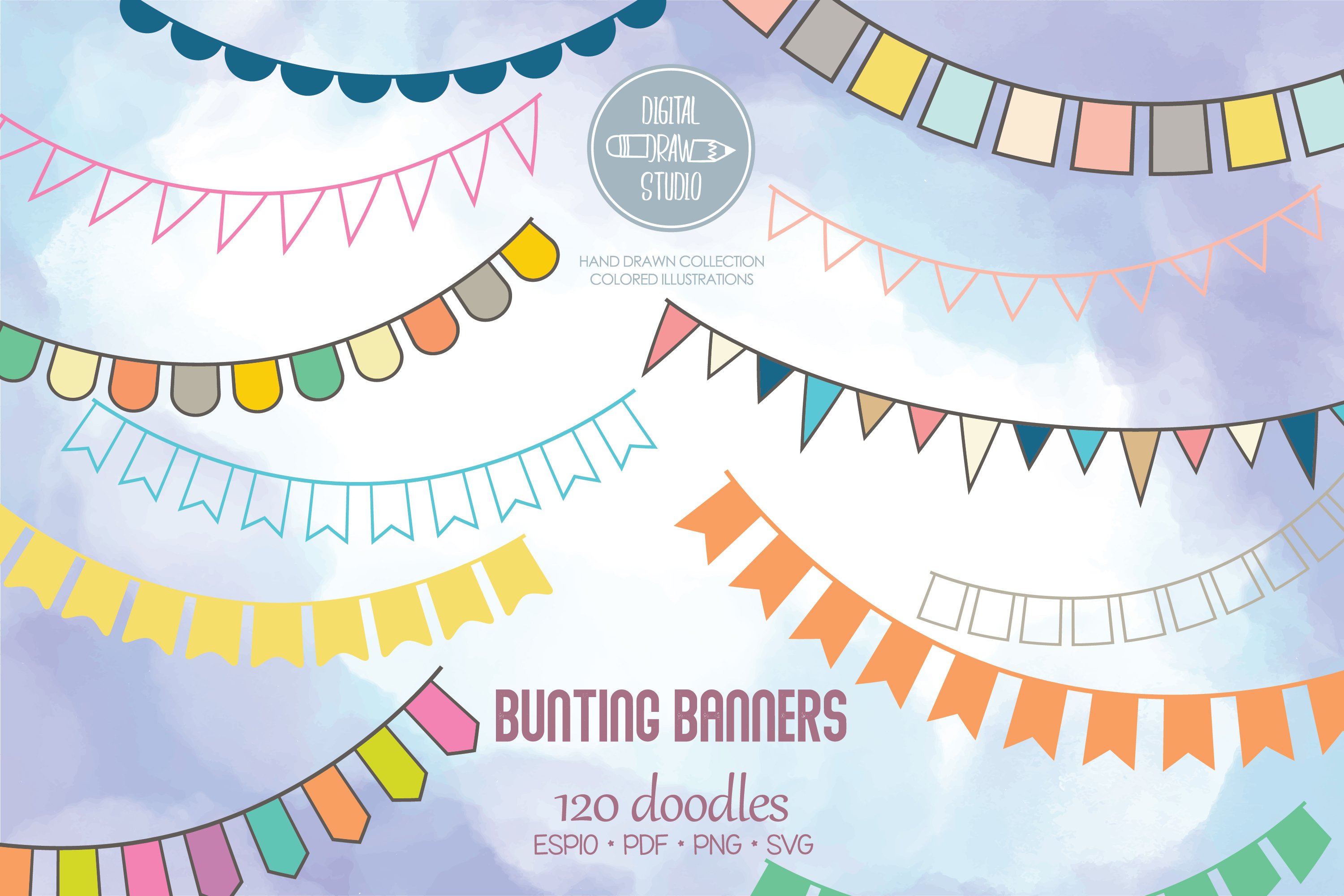 Colorful Bunting Banners | Hand Drawn Triangular Garland