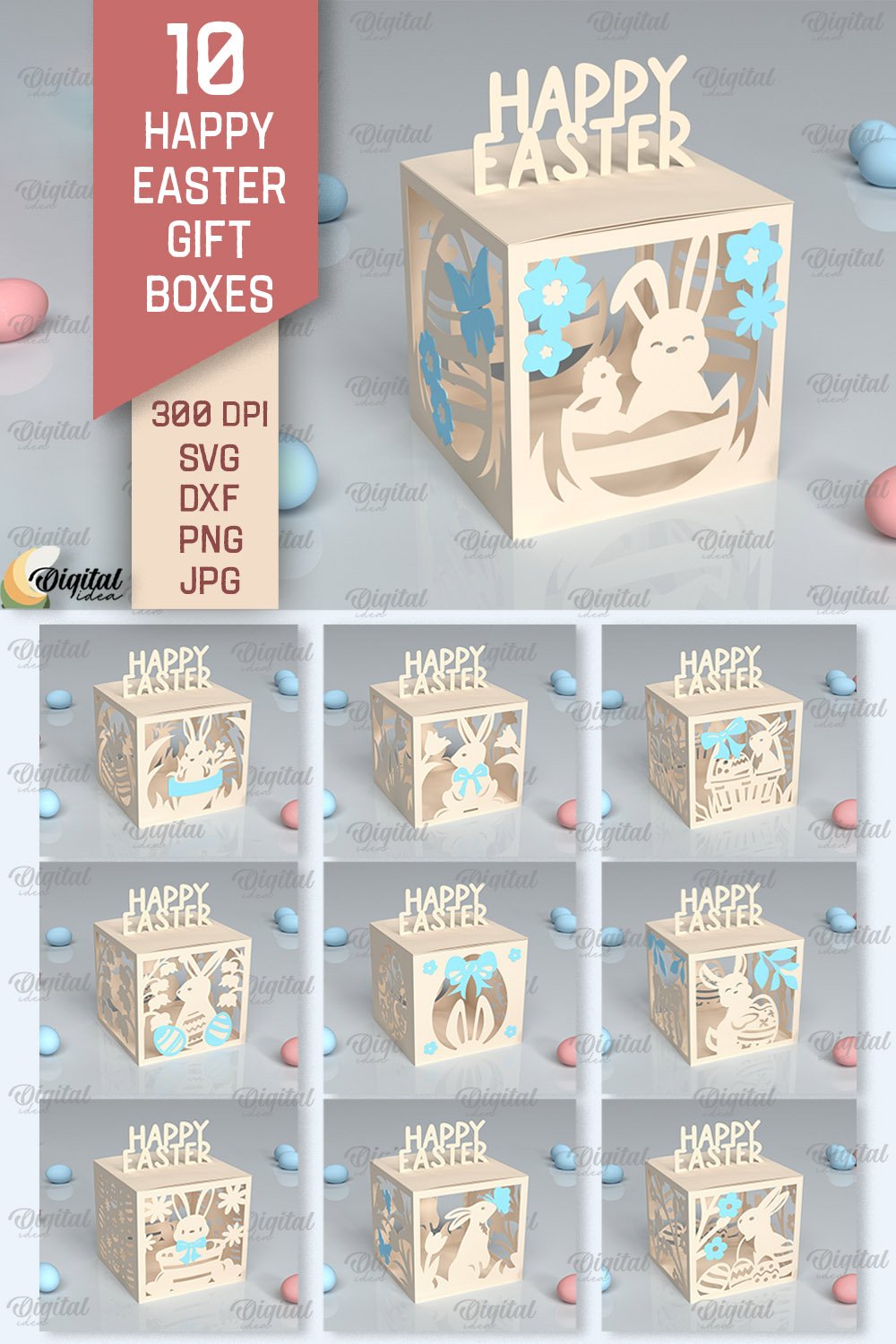 Happy Easter Gift Boxes SVG Bundle. 3D Boxes Paper Cut