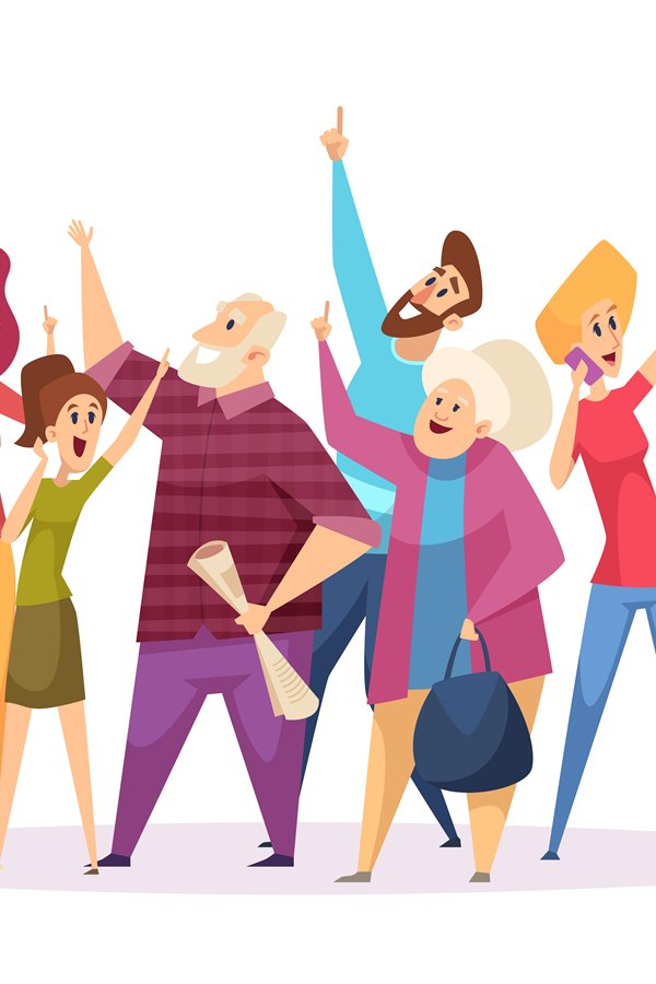 Crowd concert. Vector happy people looking up pointing in sk