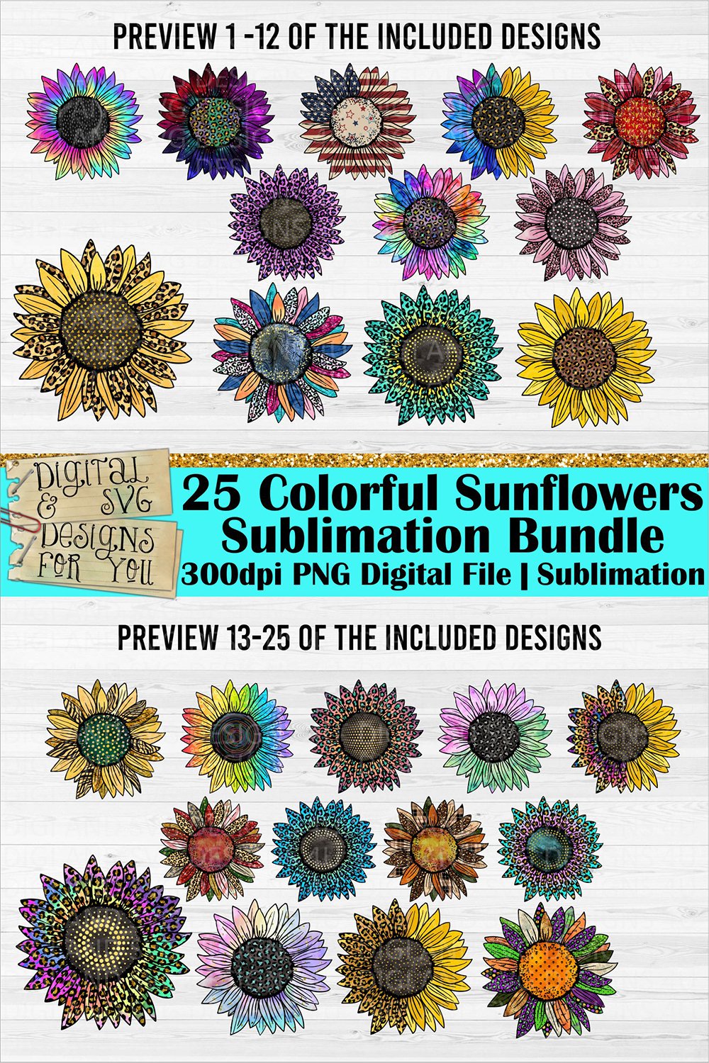 Sunflower Sublimation Bundle, Colorful Sunflowers, Leopard