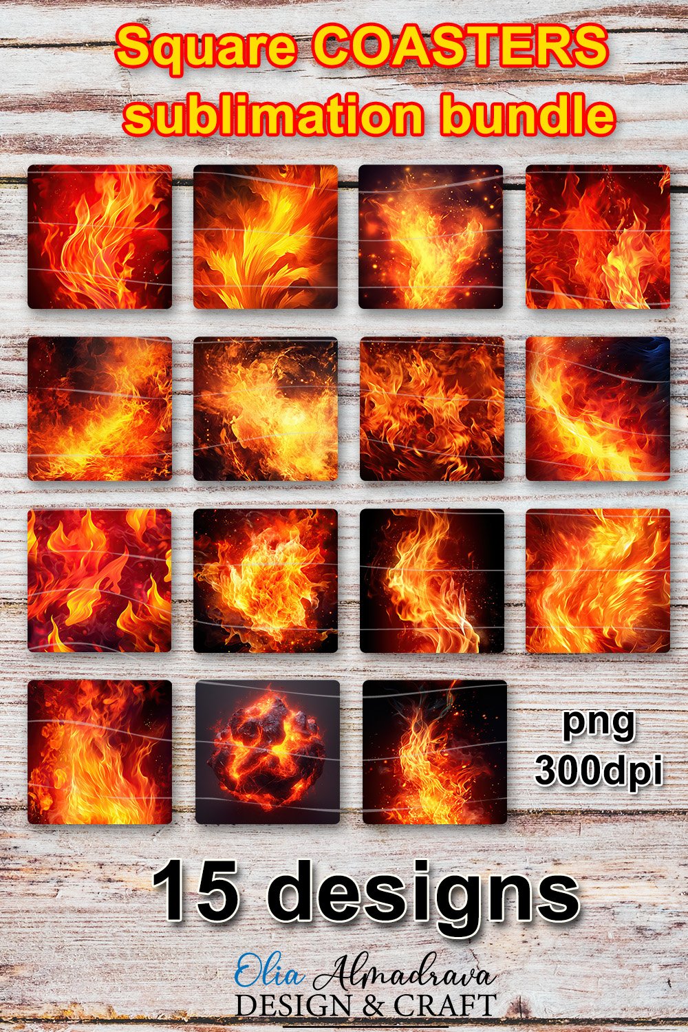 Square Coaster Sublimation Designs| Fire Flames Coaster Png