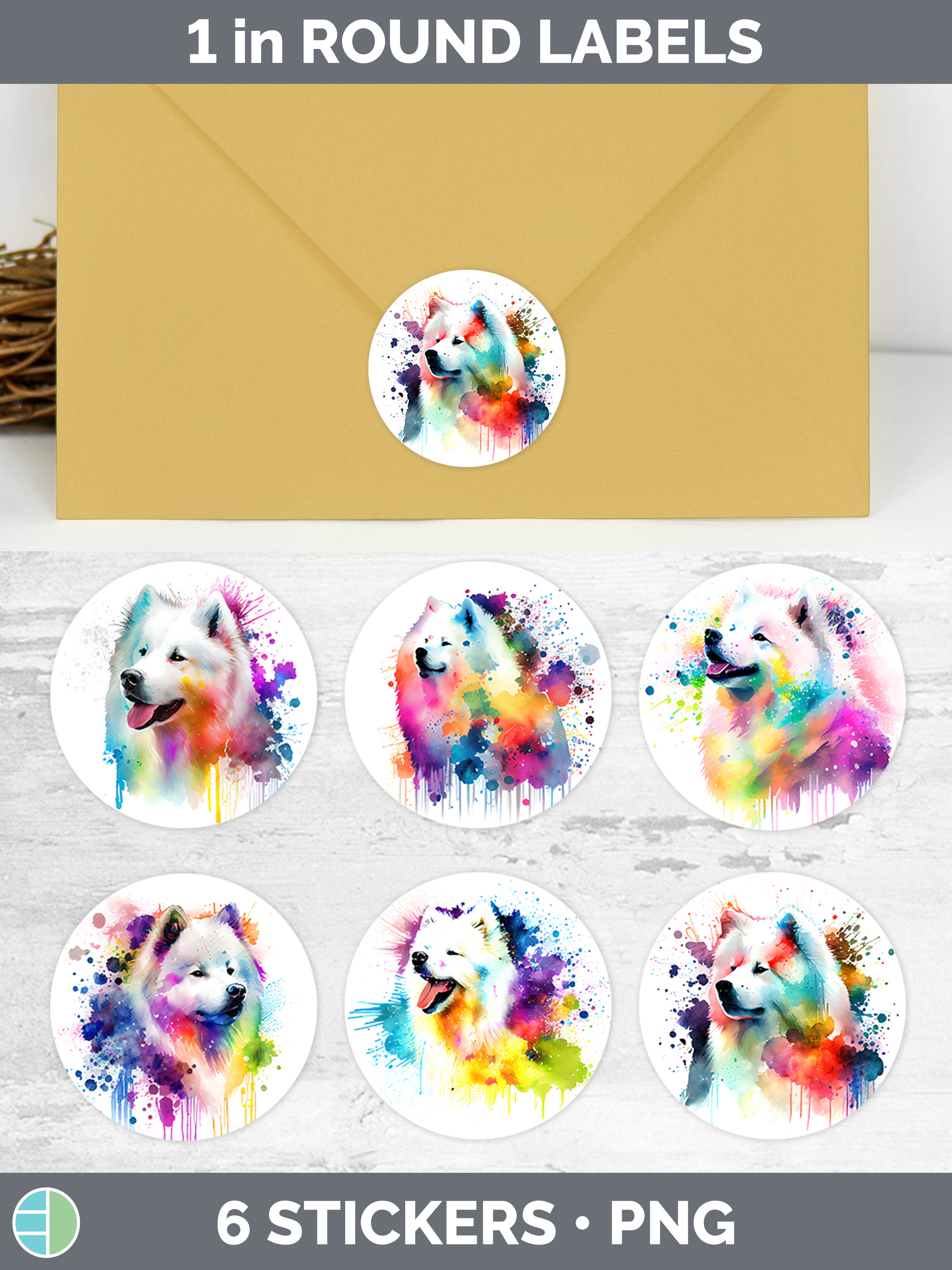 Rainbow Samoyed Dog Stickers | Round Labels Designs Bundle