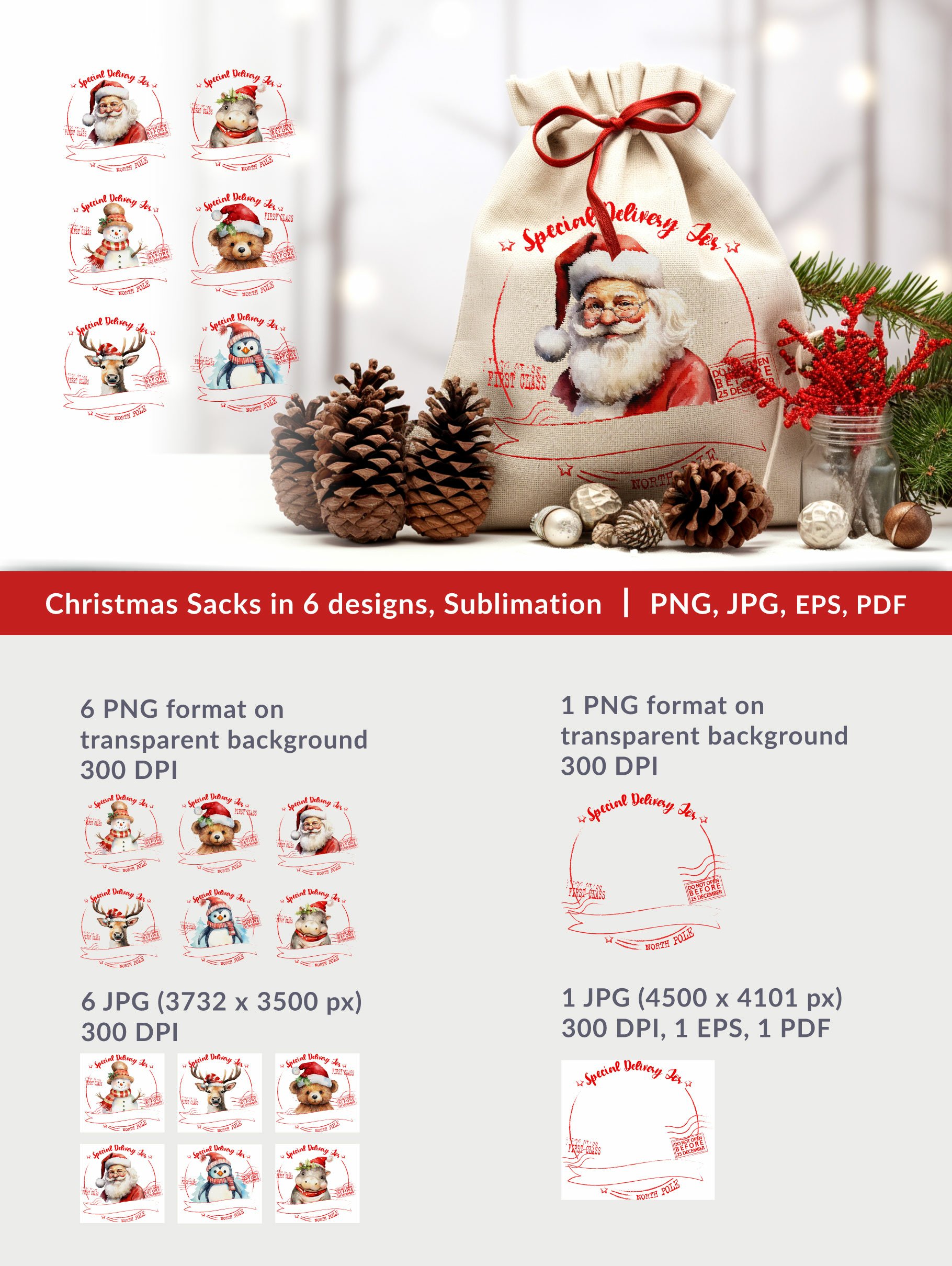 Christmas Sacks in 6 designs, Sublimation