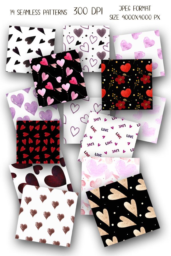 Watercolor Hearts Valentines day digital papers (1773729)