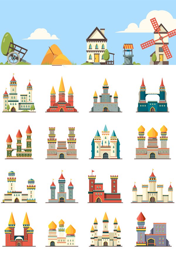 Medieval buildings. Kingdom ancient construction castles hou