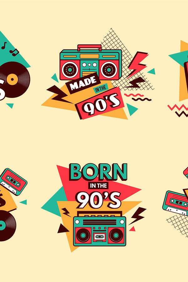 Retro 90s labels. Colored badges vintage old school style fa