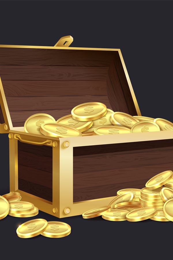 Chest of gold coin. Closed and open vintage wooden trunk ful
