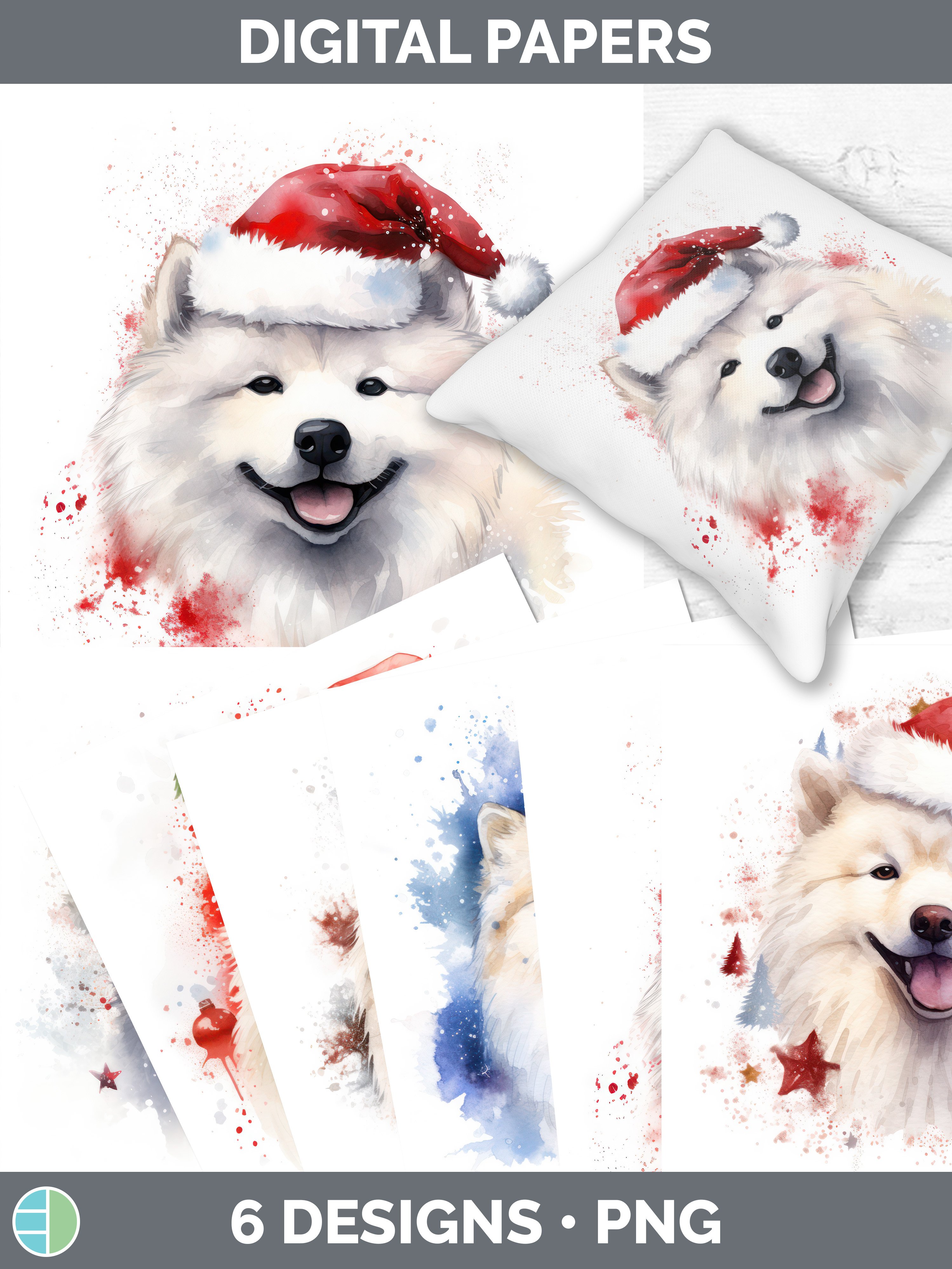 Christmas Santa Hat Samoyed Dog Paper Backgrounds | Digital