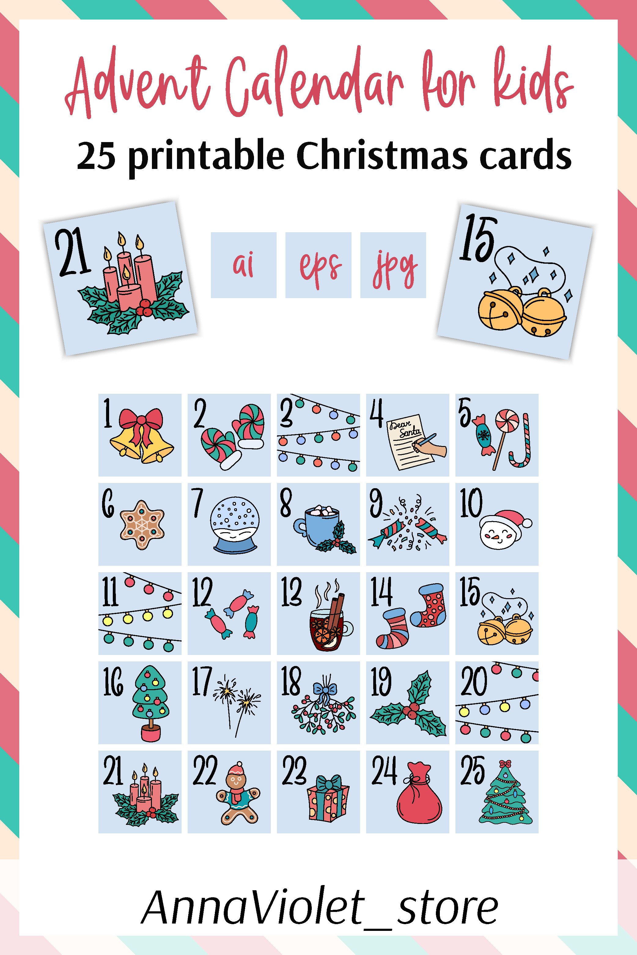 Christmas Advent Calendar for kids | 25 Xmas Cards | Vector