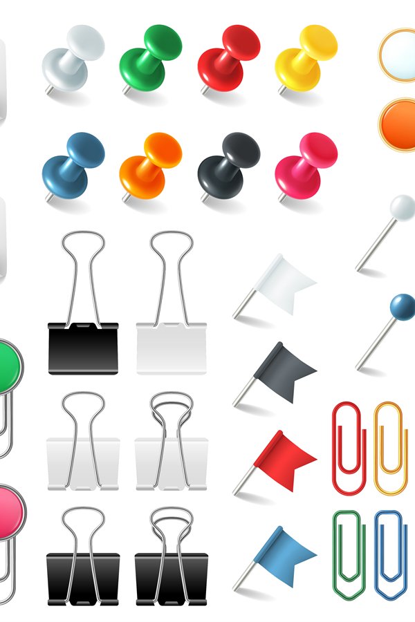 Pins paper clips. Push pins fasteners staple tack pin colore