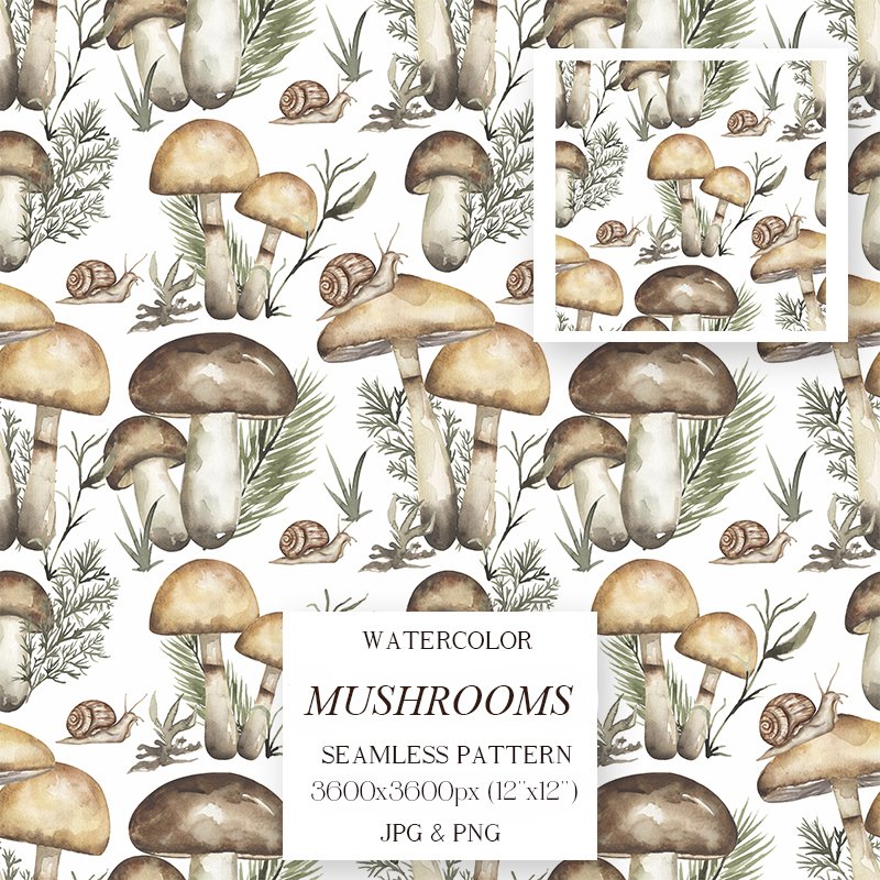 Watercolor Mushrooms Seamless Pattern set (1637292)