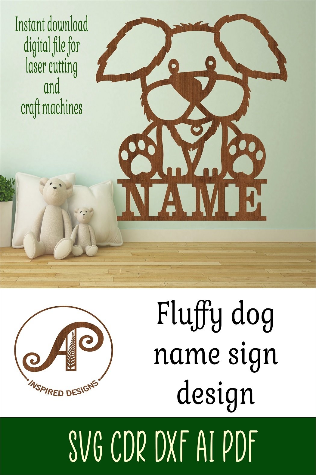 Fluffy Dog Name sign svg laser cut template, wall