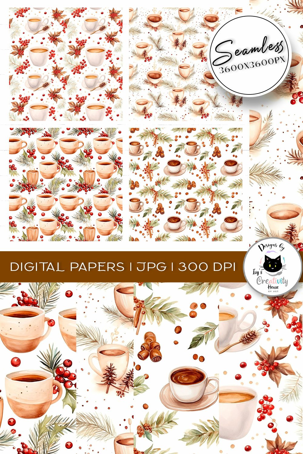 Seamless Christmas Digital Papers | Christmas Coffee Pattern