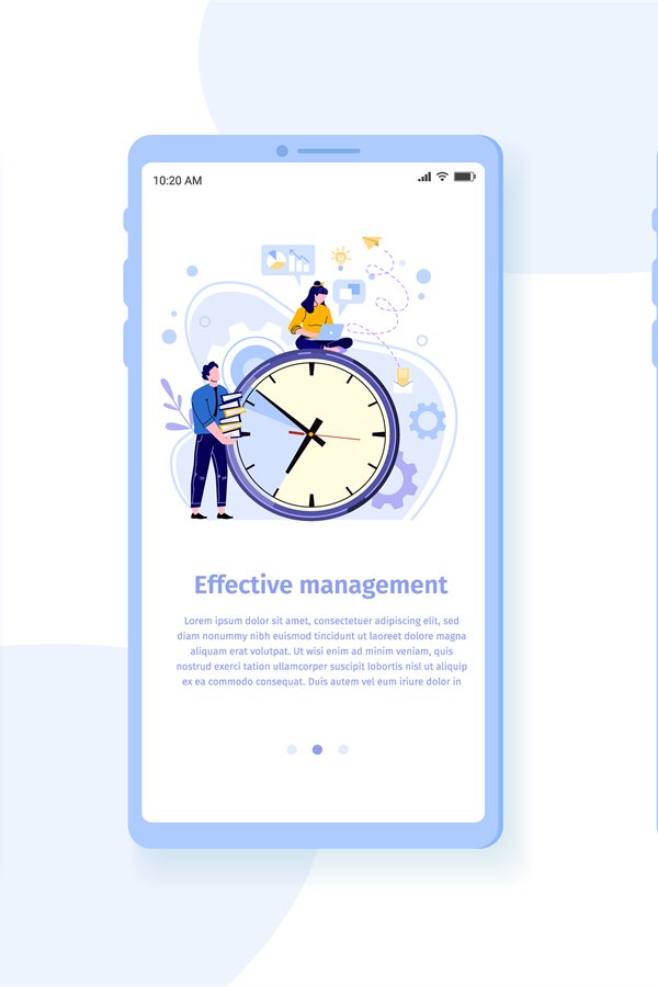 Time management mobile interface template. Man with pencil a