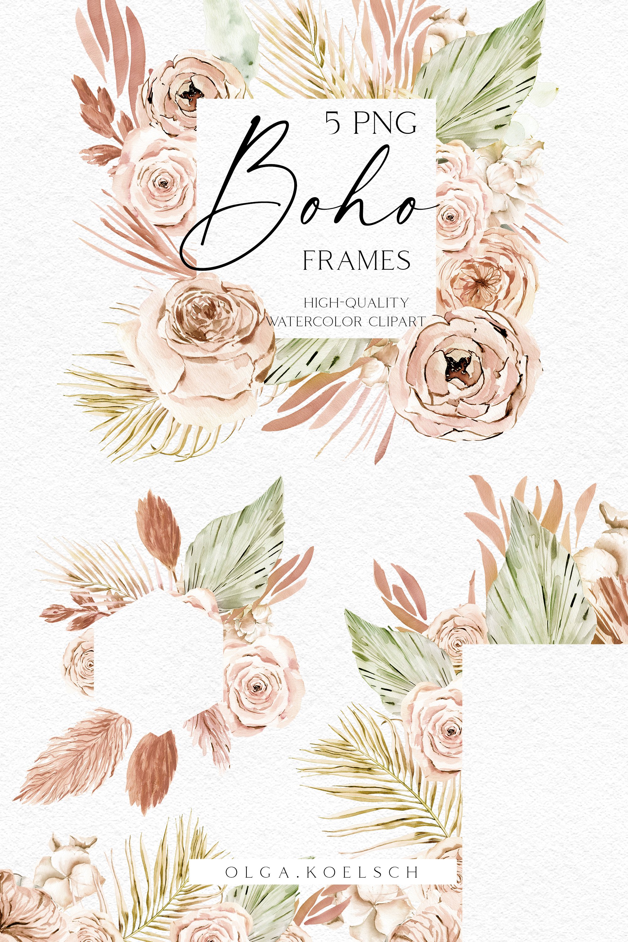 Watercolor boho floral frame, Dried flower logo png Tropics