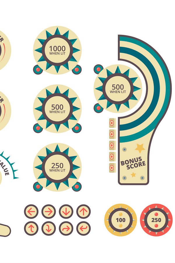 Pinball elements. Buttons coins plunger decorative shadows a