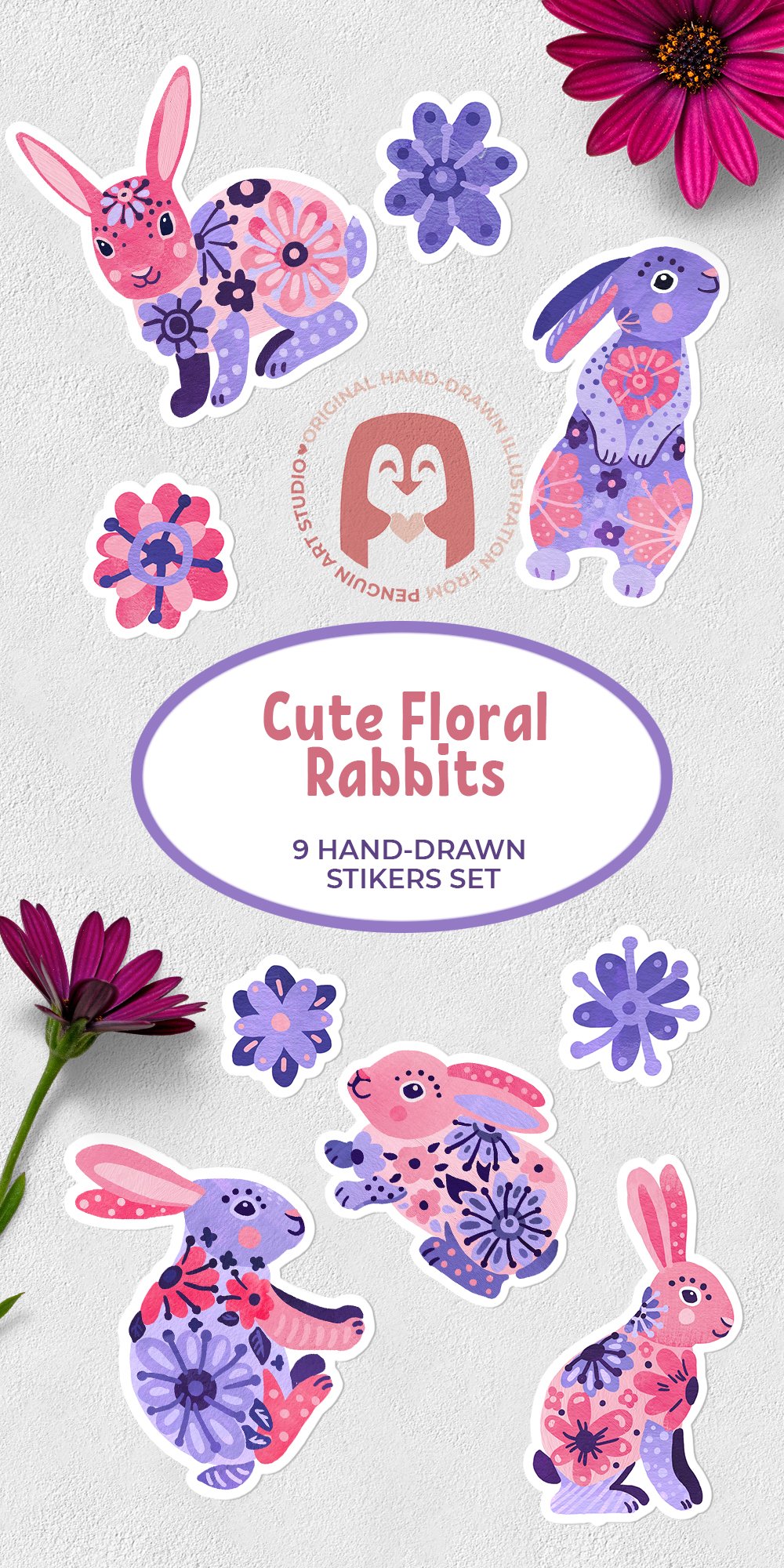 Easter Floral Rabbits and Flowers hand drawn sticker set