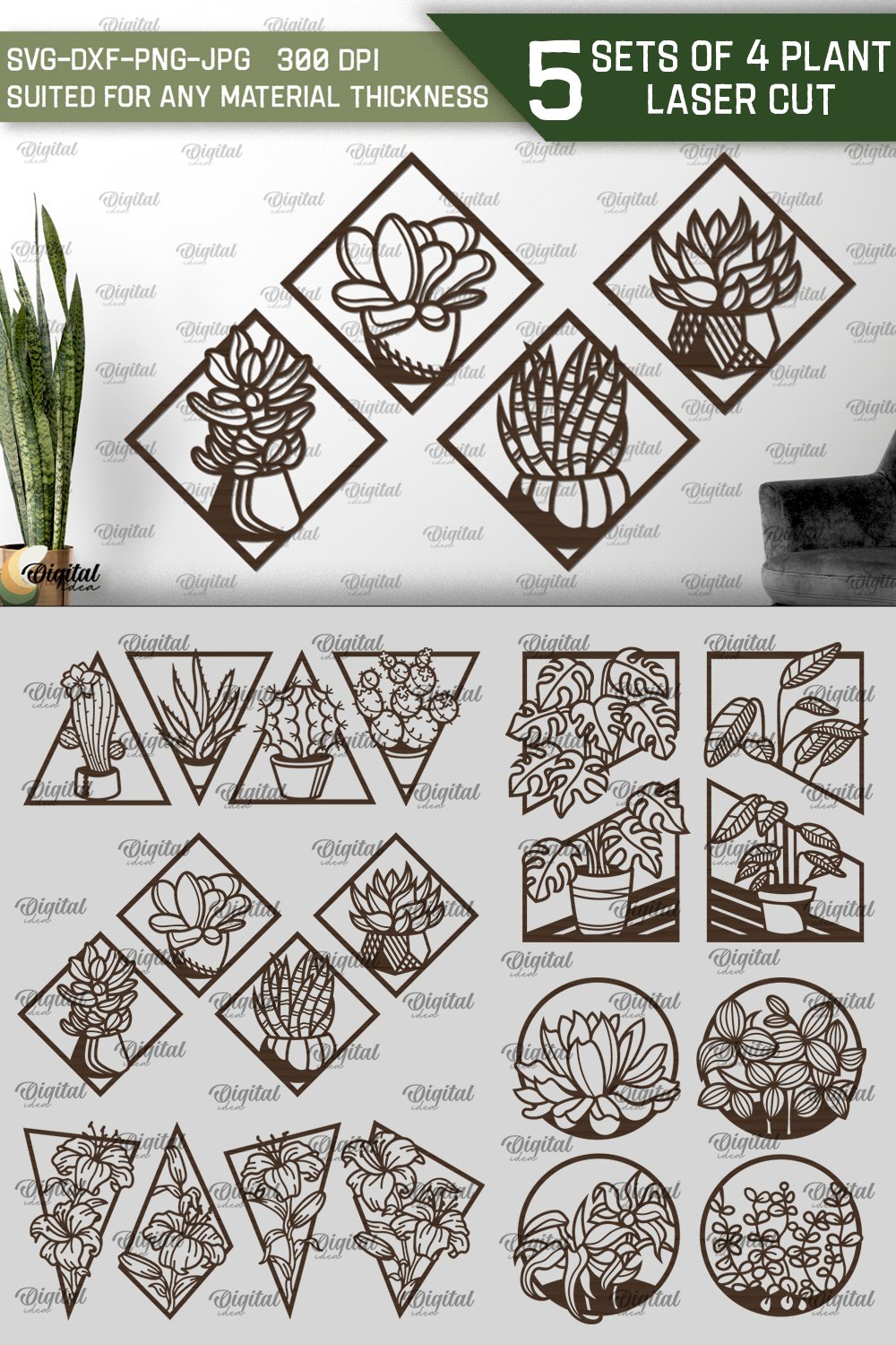 Set Of 4 Plant Laser Cut Bundle. Wall Decor SVG