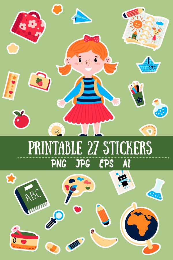 Printable Stickers. Girl. Stationary. School. PNG, JPG, EPS