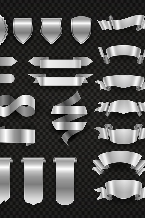 Silver and steel ribbons, metal wrapping banners vector set