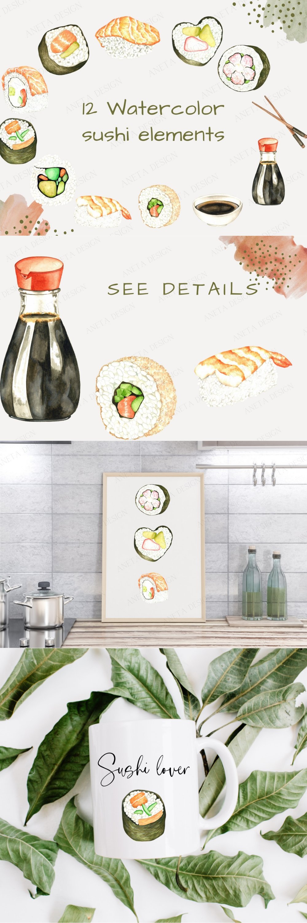 Watercolor Japanese Food Clipart, Sushi, Asian (2514902)