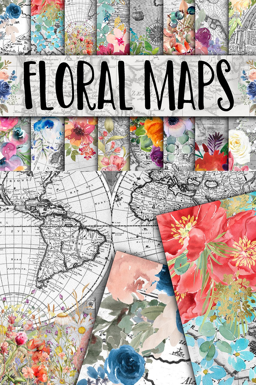 Floral Maps Digital Paper - Black and White Vintage Maps
