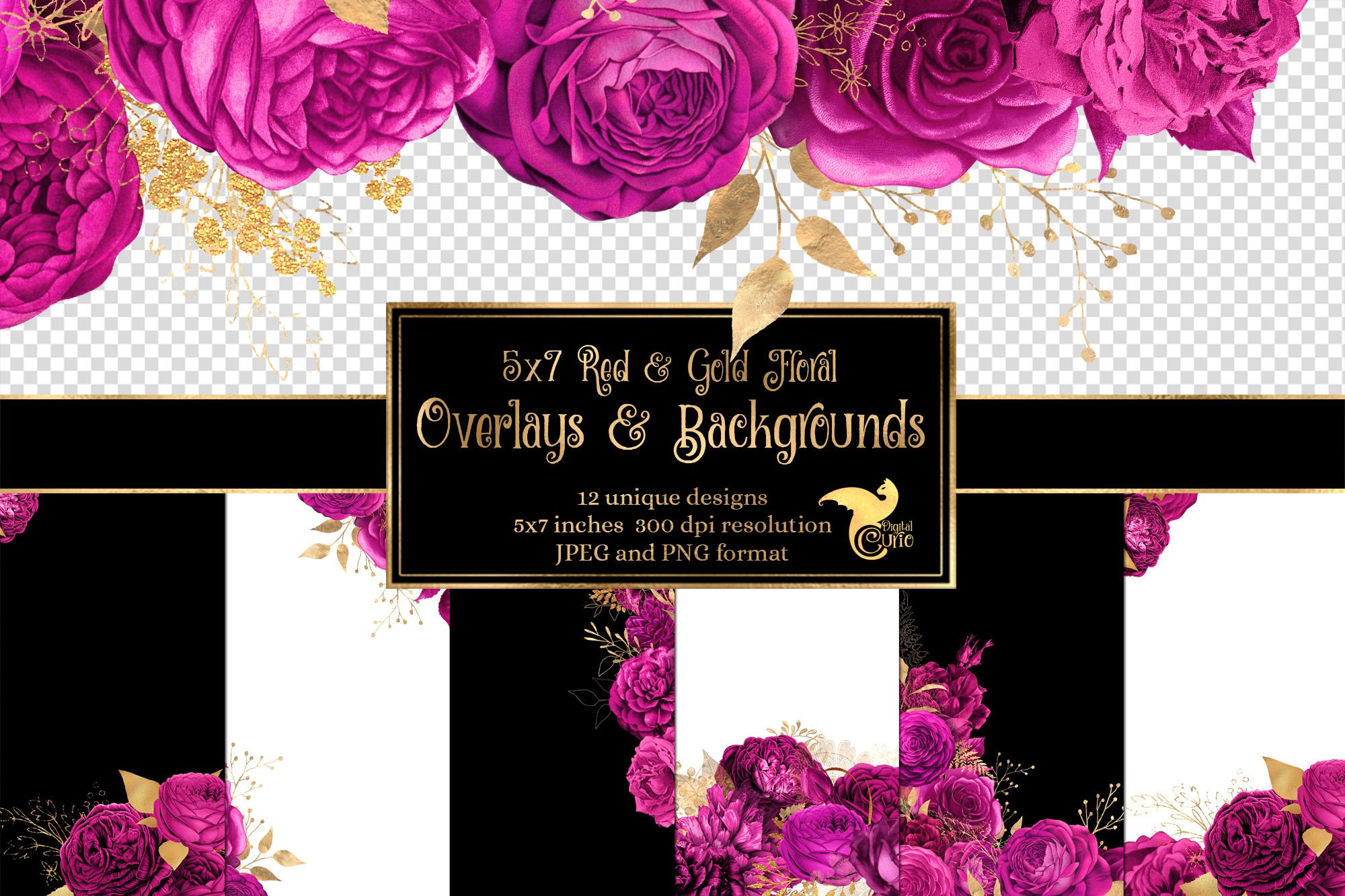 5x7 Hot Pink and Gold Floral Overlays