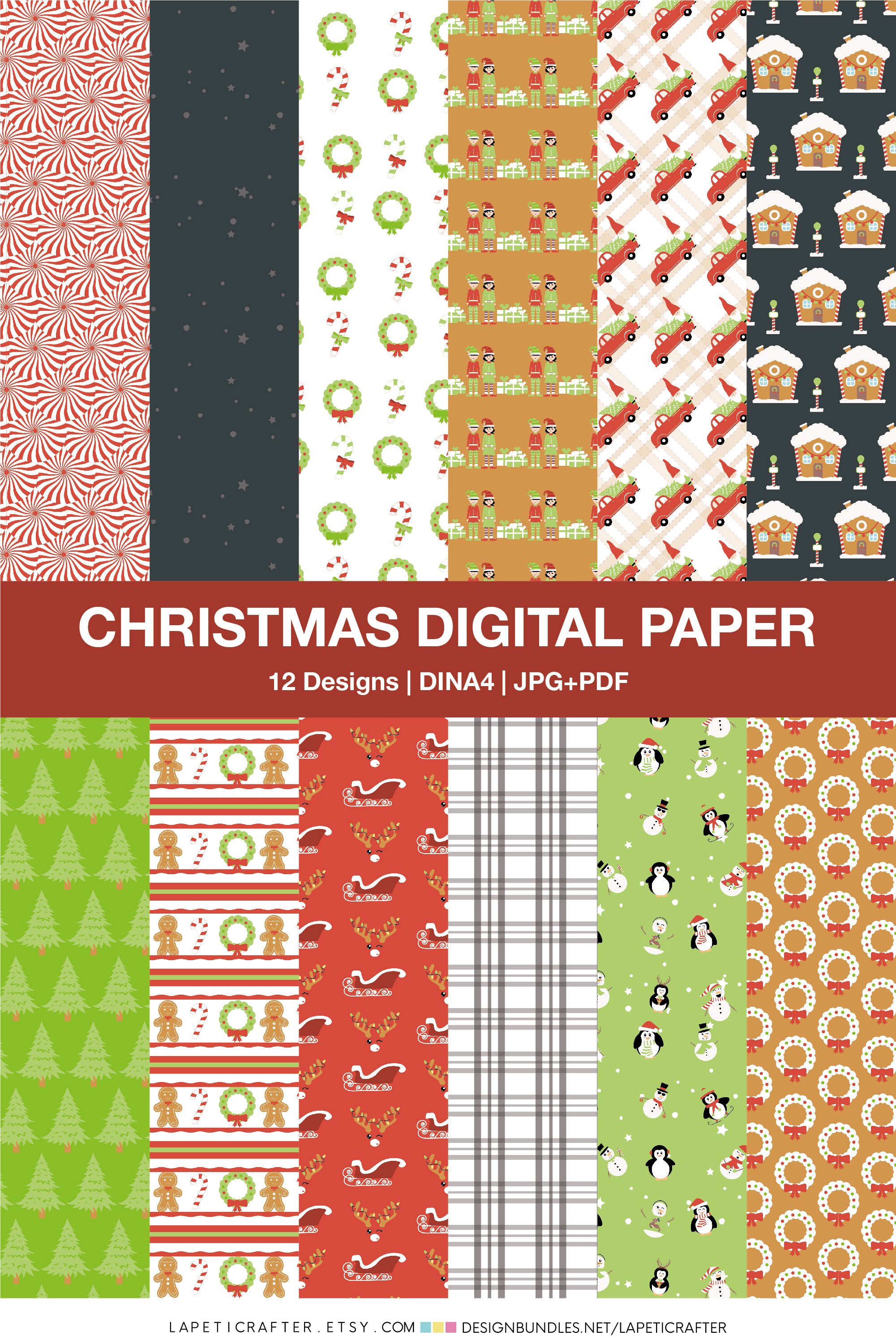Christmas digital scrapbook paper pack | Printable paper