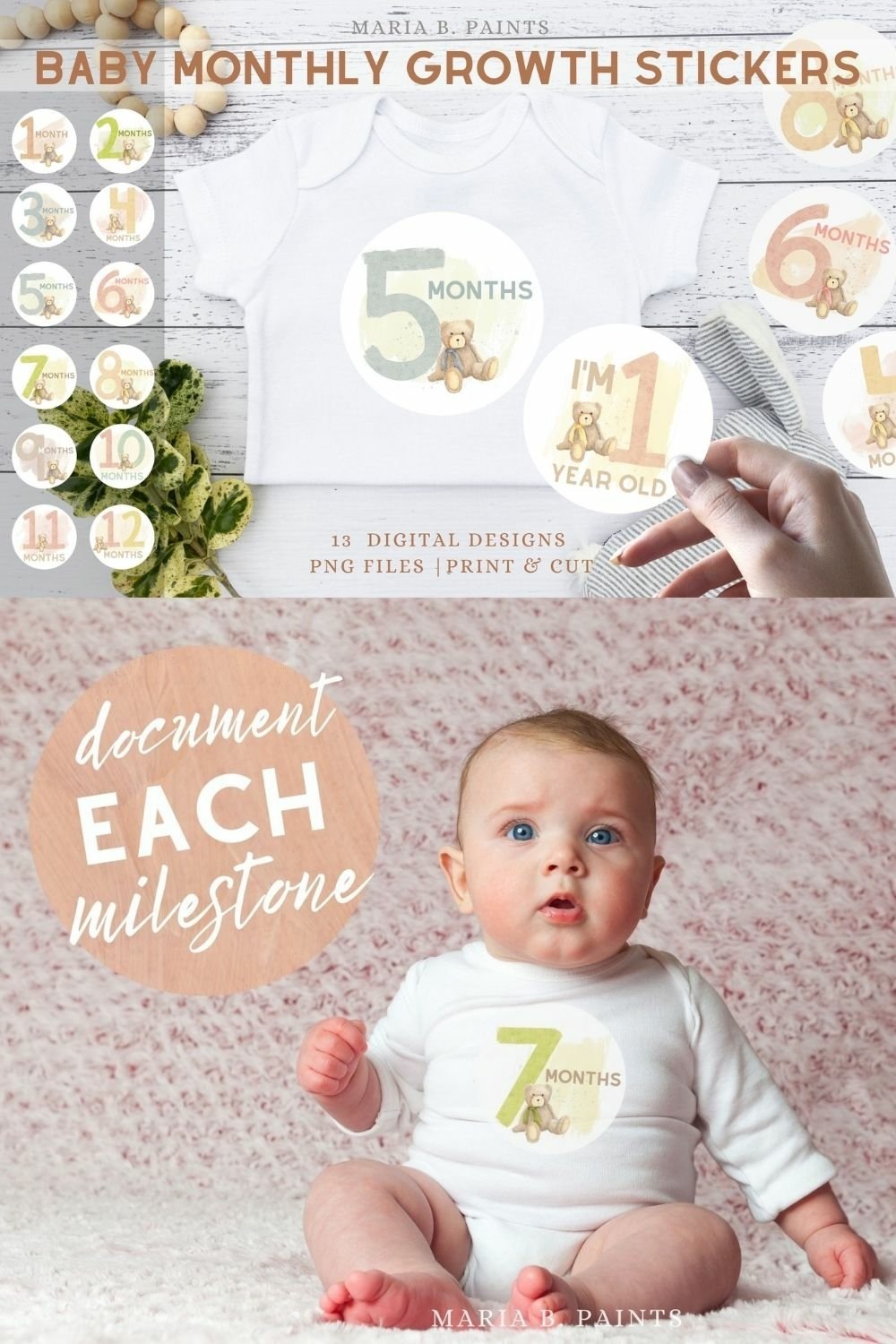 Baby Milestone Stickers Monthly Growth Design w Teddy Bears