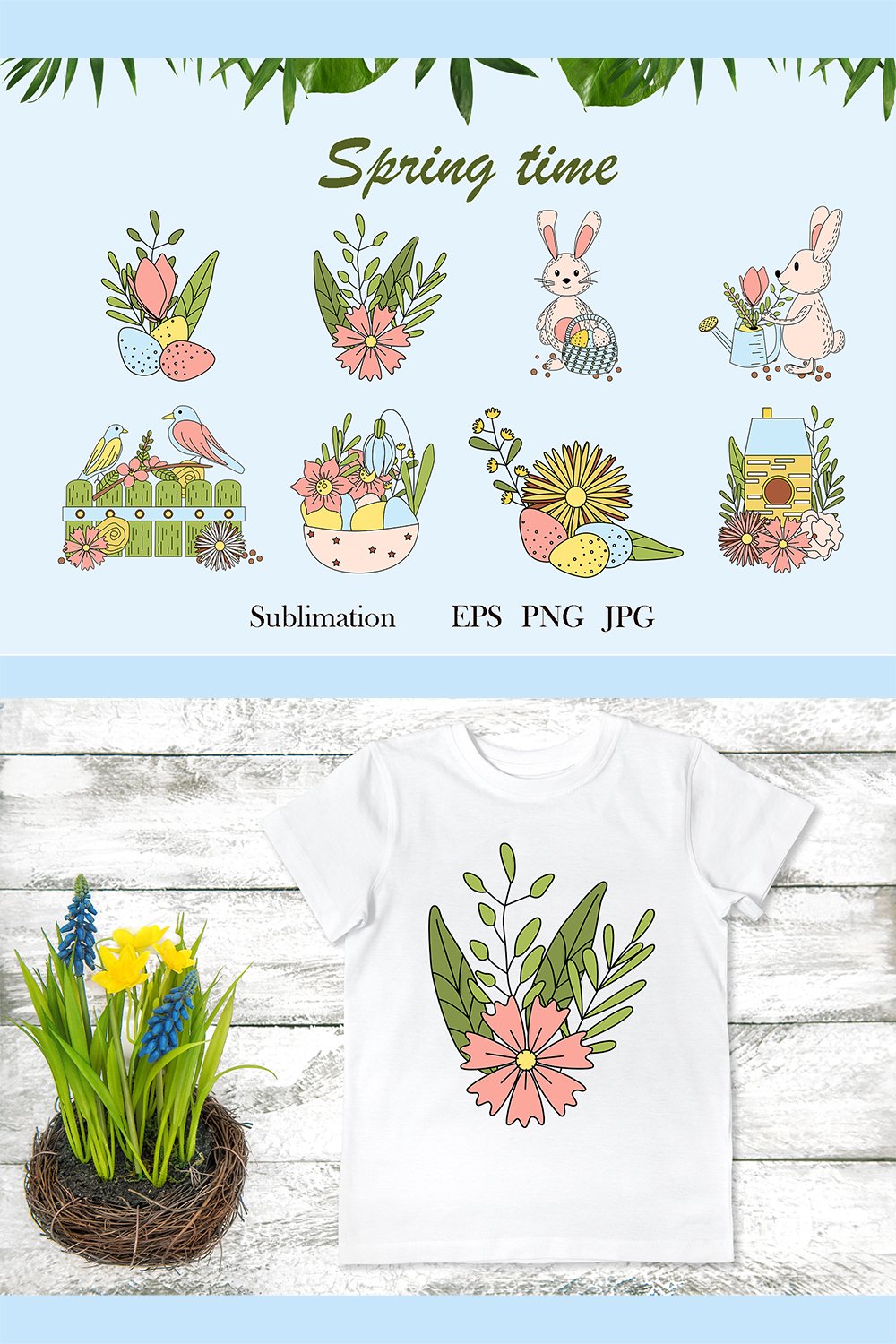Spring Easter sublimation designs, PNG floral bunny drawing