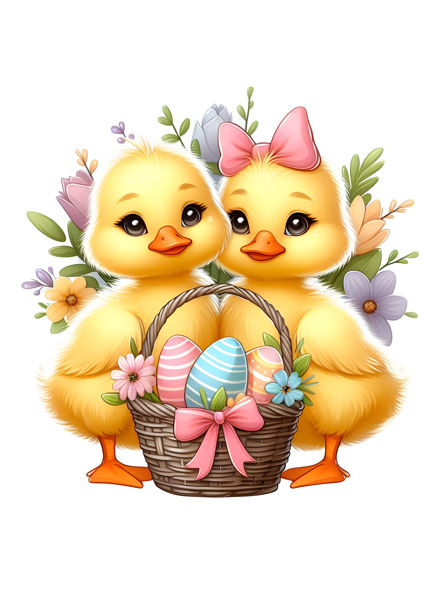 Cute Ducks with Easter Basket, Clipart for Sticker, Png