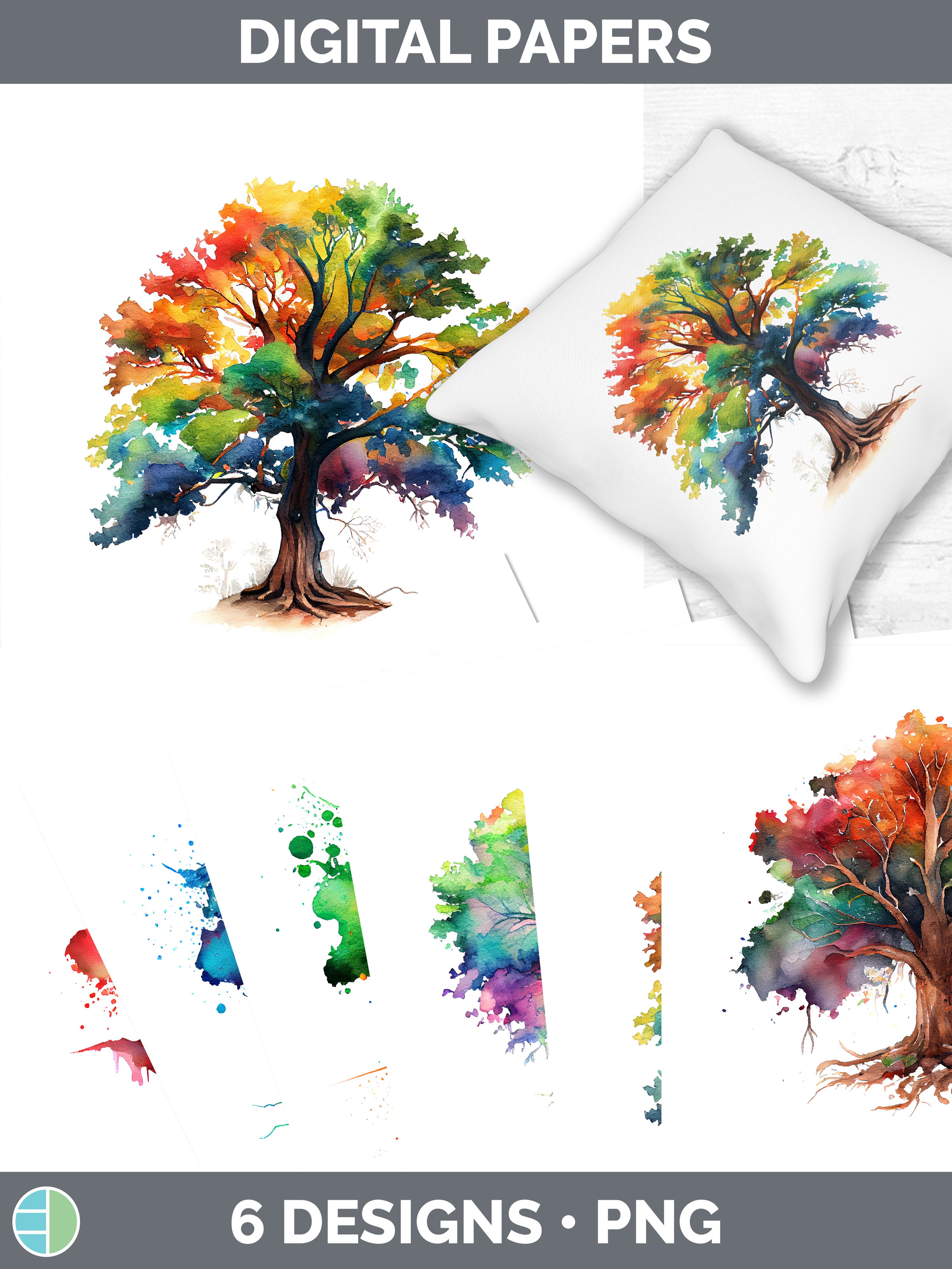 Rainbow Oak Trees Paper Backgrounds | Digital Scrapbook Pape