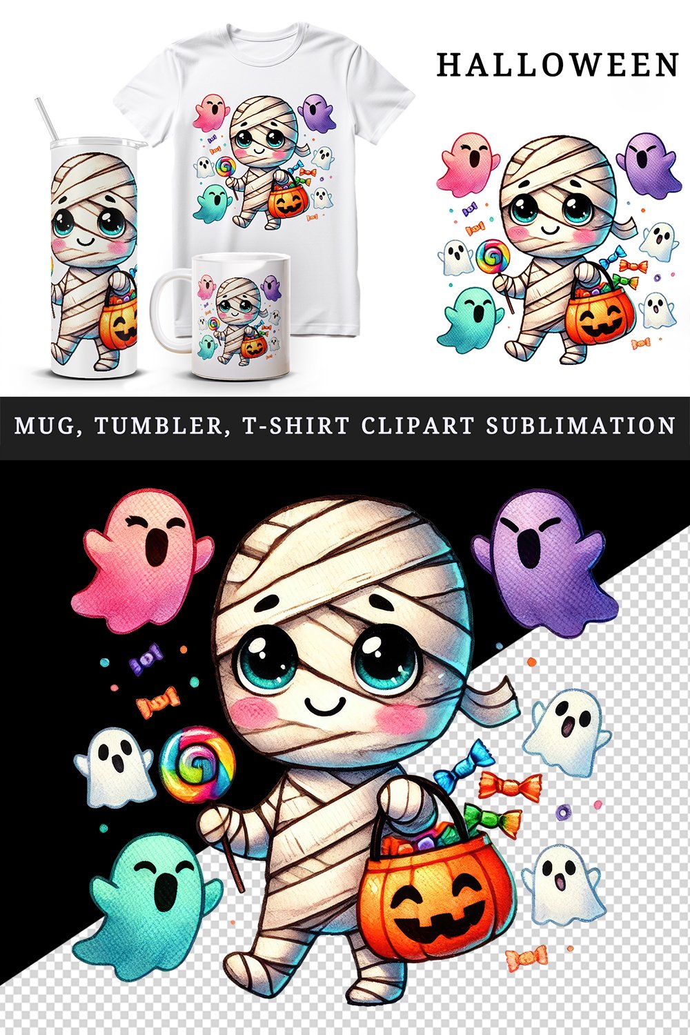 Halloween mummy tumbler mug wrap clipart sublimation design