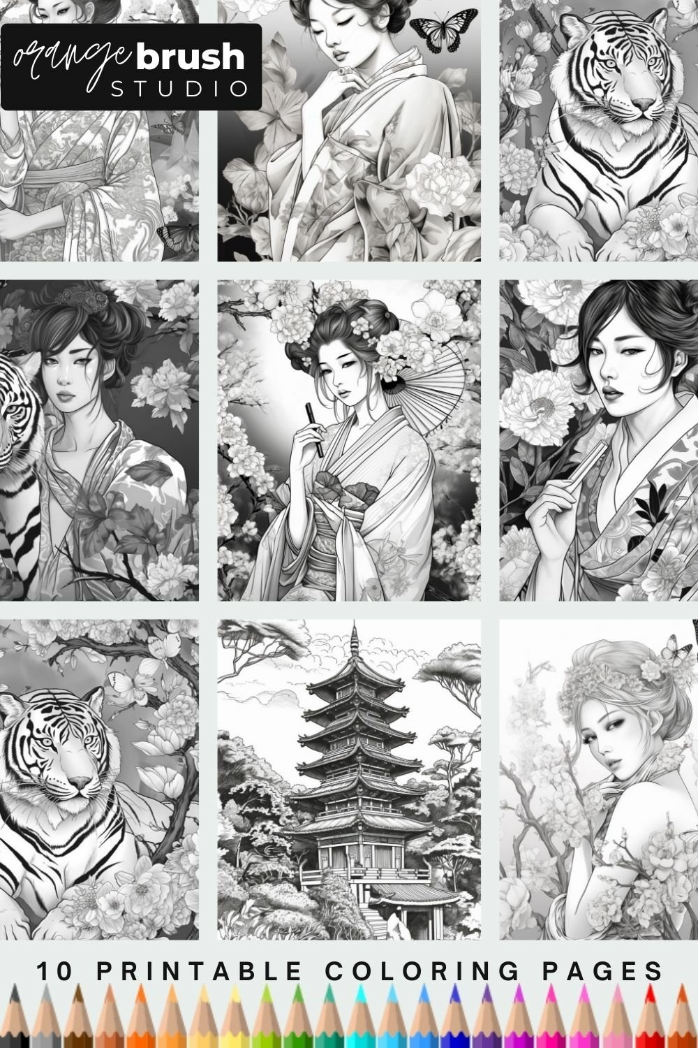 Japanese Printable Coloring Book, Grayscale Coloring Pages