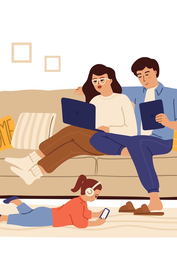 Family using gadgets. Home internet, child parents with tabl