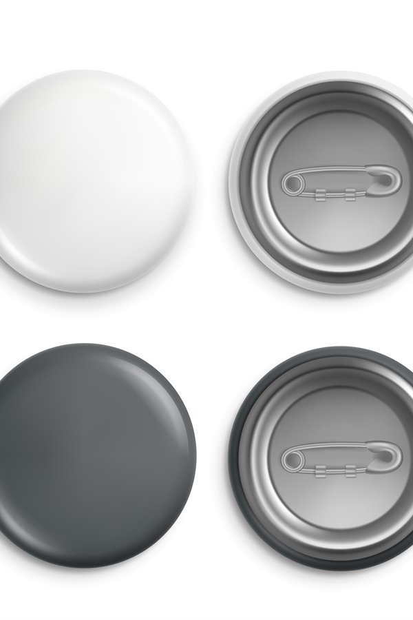 Round badges. White plastic badge mockup, isolated buttons w